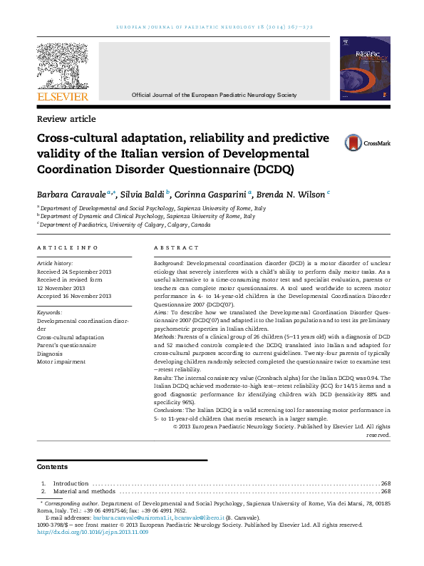 (PDF) Cross-cultural adaptation, reliability and predictive validity of the Italian version of ...