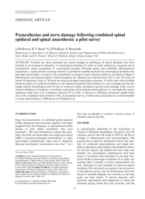 (PDF) Paraesthesiae and nerve damage following combined spinal epidural ...
