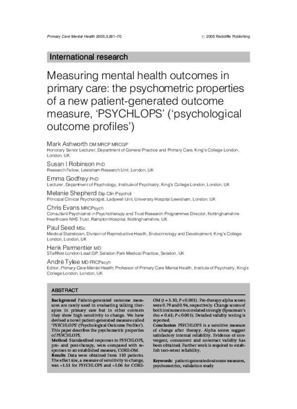 (PDF) Measuring mental health outcomes in primary care: the ...