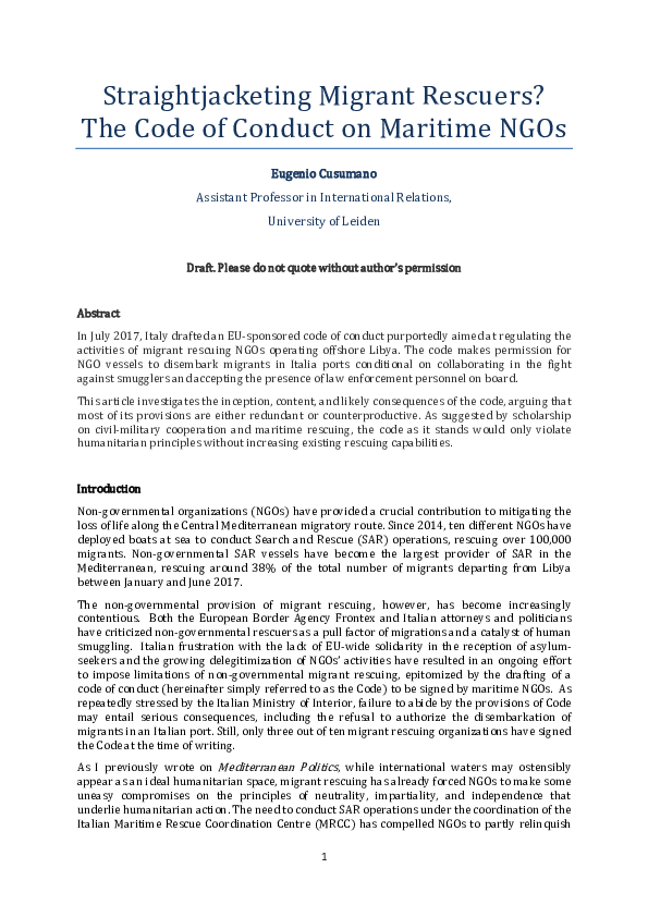 (DOC) Straightjacketing Migrant Rescuers? The Code of Conduct on ...