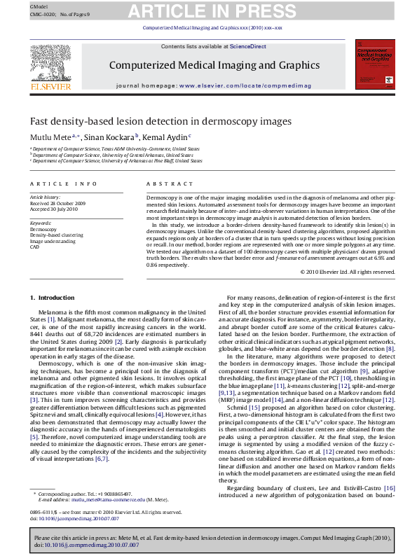 (PDF) Fast density-based lesion detection in dermoscopy images