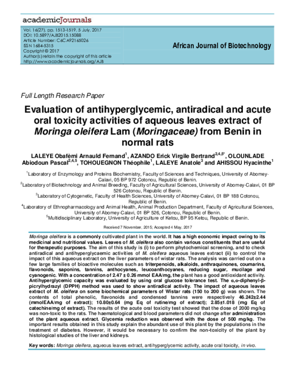 (PDF) African Journal of Biotechnology Evaluation of antihyperglycemic, antiradical and acute ...