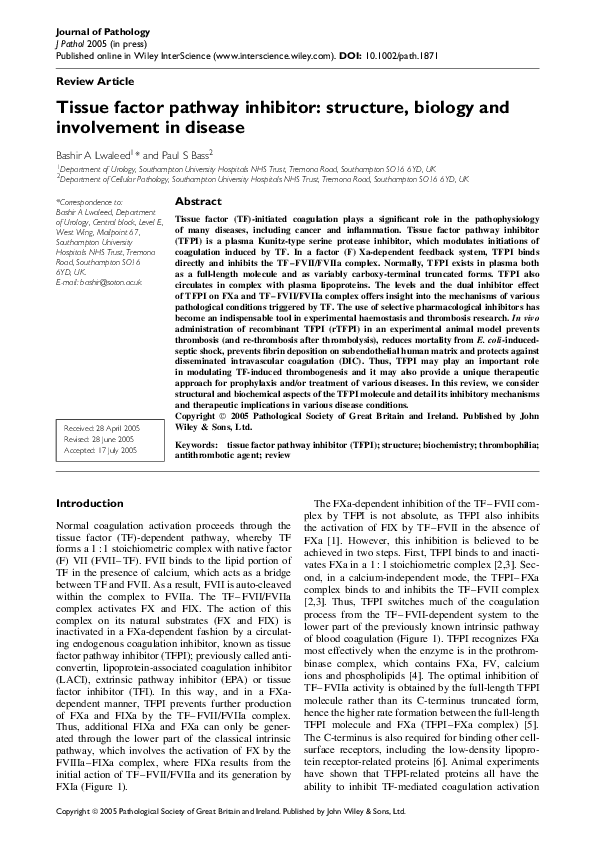 (PDF) Tissue factor pathway inhibitor: structure, biology and ...