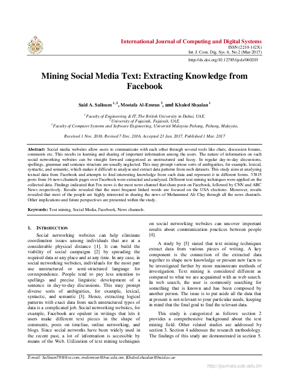 (PDF) Mining Social Media Text: Extracting Knowledge from Facebook