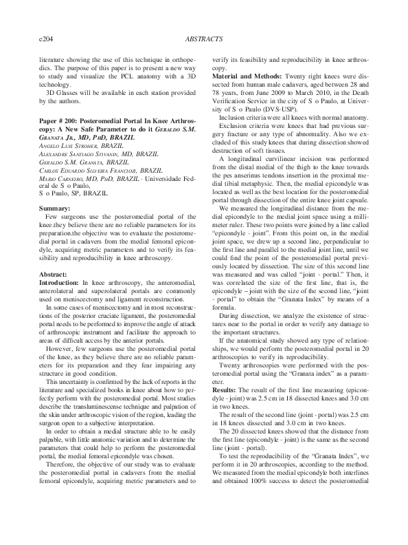 Pdf Paper 200 Posteromedial Portal In Knee Arthroscopy A New Safe