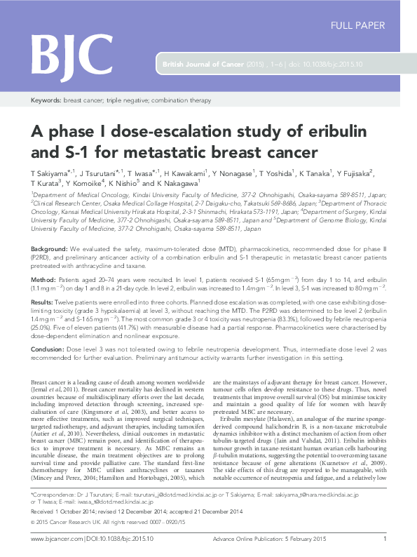 A phase I dose-escalation study of eribulin and S-1 for metastatic breast cancer