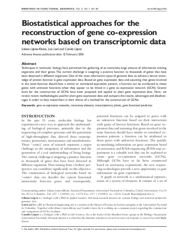 (PDF) Biostatistical approaches for the reconstruction of gene co-expression networks based on ...