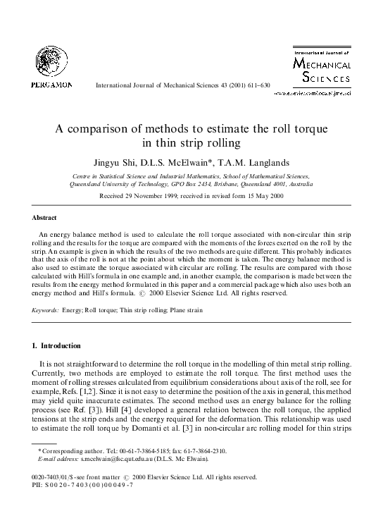 (PDF) A comparison of methods to estimate the roll torque in thin strip ...