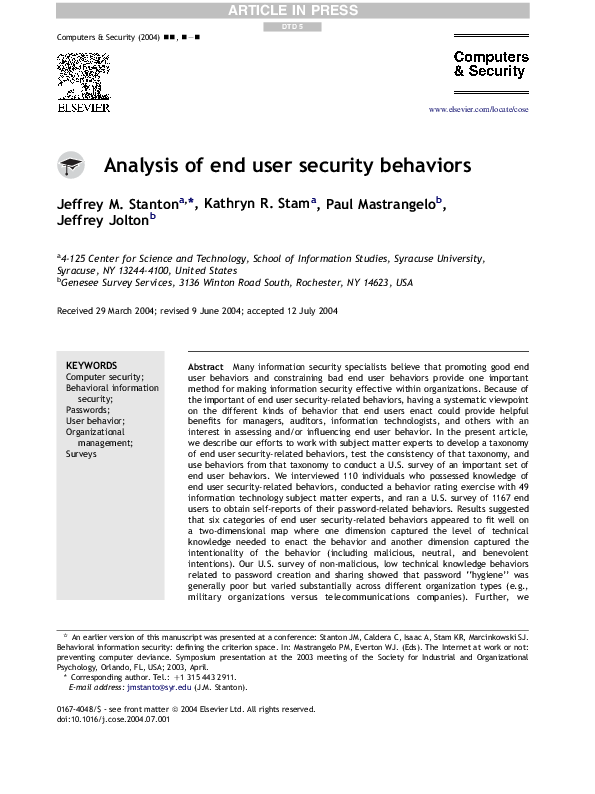(PDF) Analysis of end user security behaviors