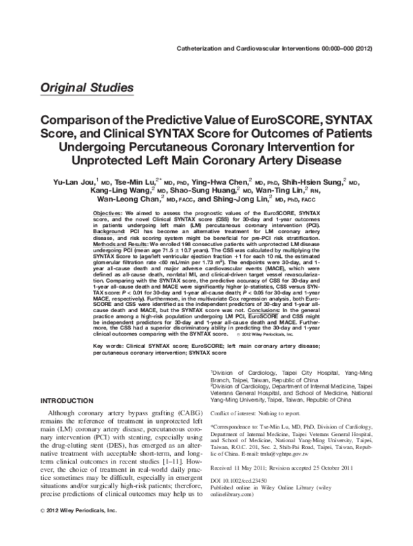 (PDF) Comparison of the predictive value of EuroSCORE, SYNTAX score ...