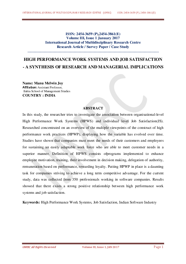 (PDF) High Performance Work Systems and Job Satisfaction - A synthesis of research and ...