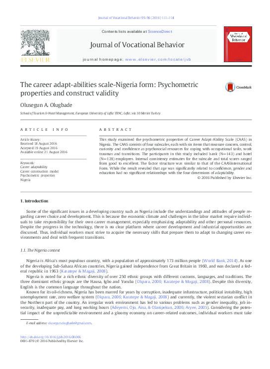 (PDF) The career adapt-abilities scale-Nigeria form: Psychometric ...
