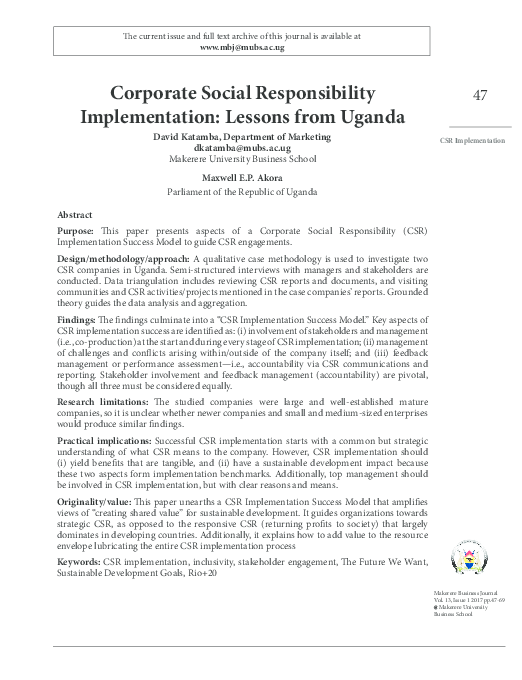 Pdf Corporate Social Responsibility Implementation Lessons From Uganda