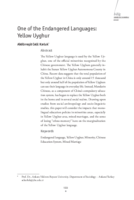 (PDF) One of the Endangered Languages: Yellow Uyghur / Abdürreşit Celil ...