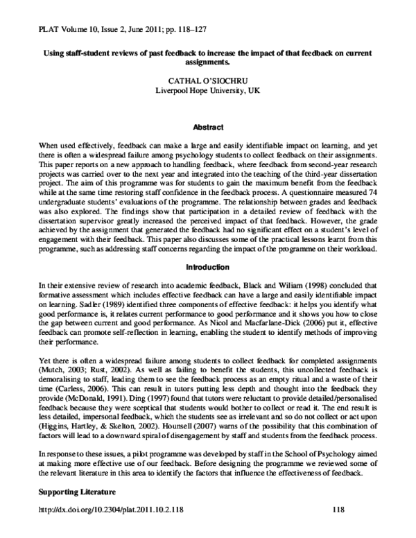 (PDF) Using Staff-Student Reviews of Past Feedback to Increase the ...