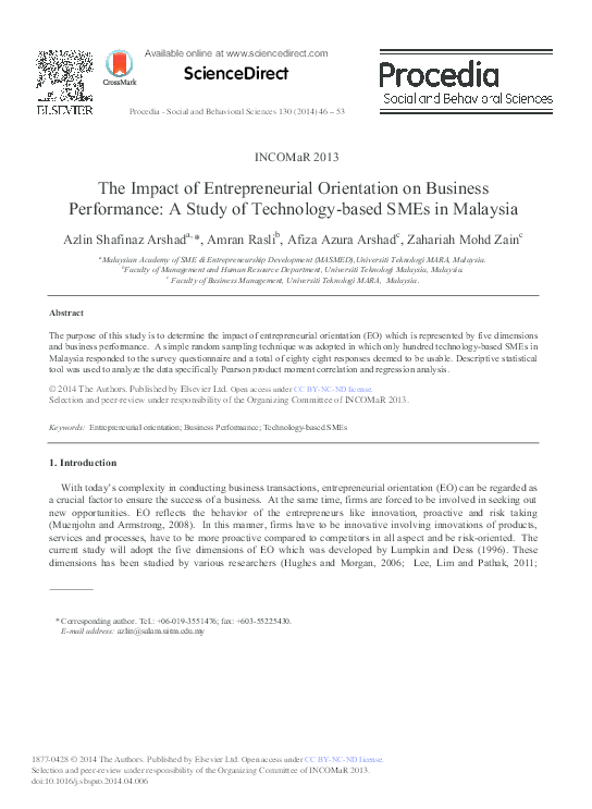 (PDF) The Impact of Entrepreneurial Orientation on Business Performance: A Study of Technology ...