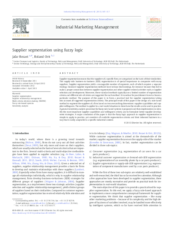 Pdf Supplier Segmentation Using Fuzzy Logic