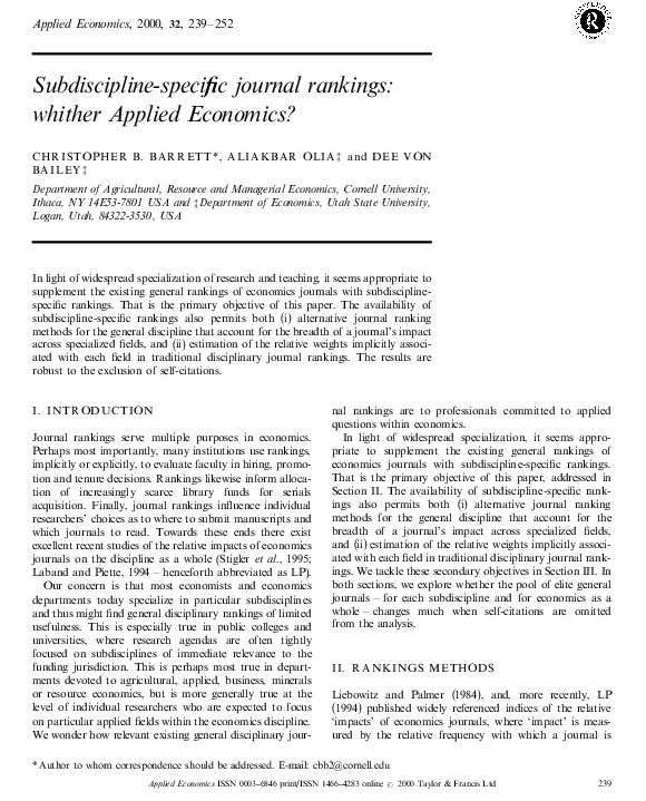 (PDF) Subdiscipline-specific journal rankings: whither Applied Economics?