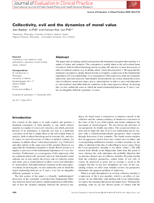 (PDF) Collectivity, evil and the dynamics of moral value