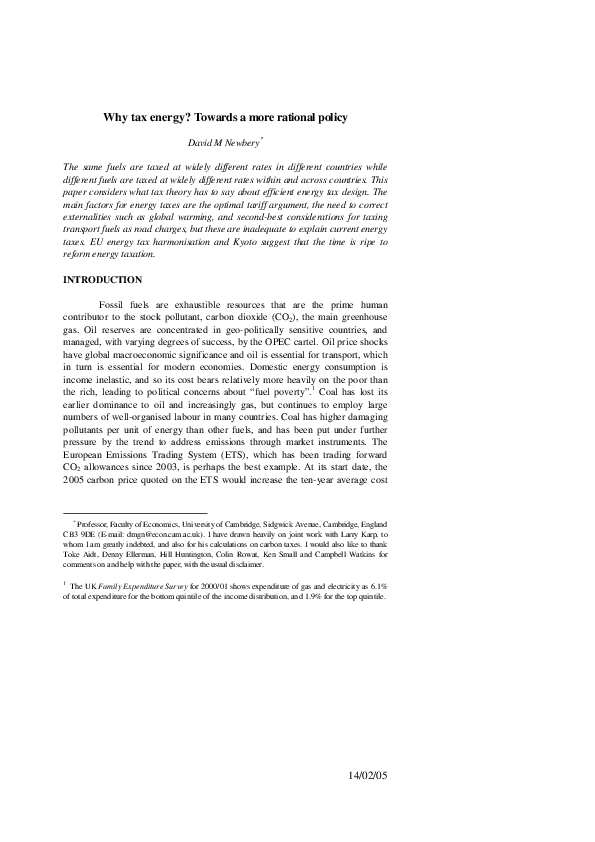 (PDF) Why Tax Energy? Towards a More Rational Policy | David M. Newbery ...