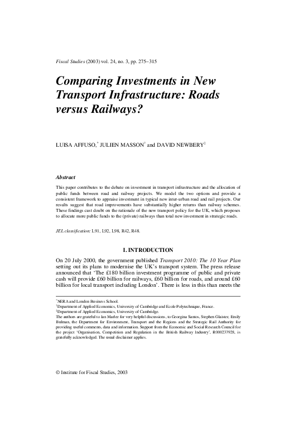 (PDF) Comparing Investments in New Transport Infrastructure: Roads ...