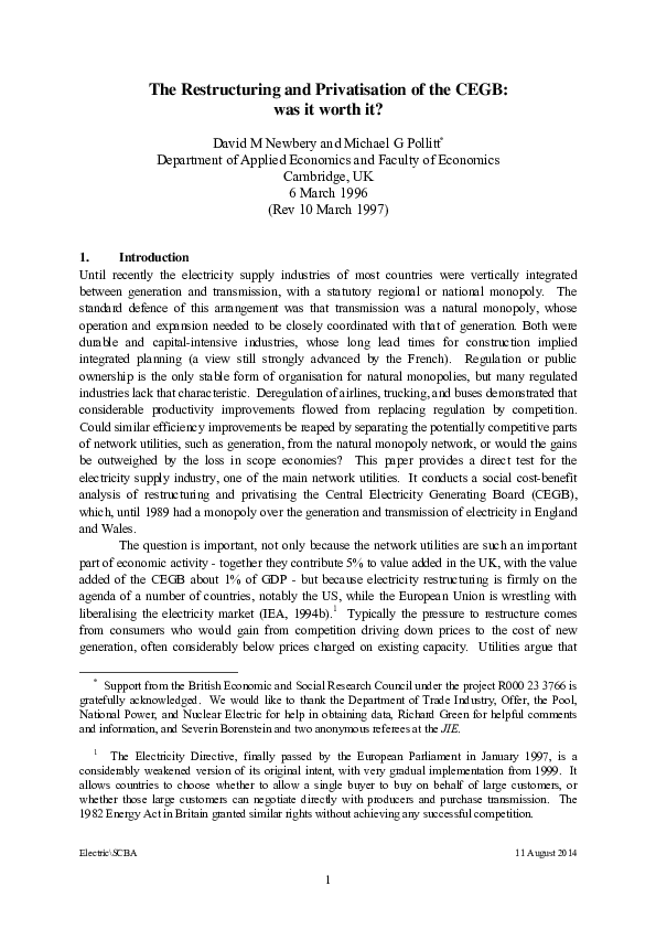 (PDF) The Restructuring and Privatisation of Britain's CEGB-Was It ...