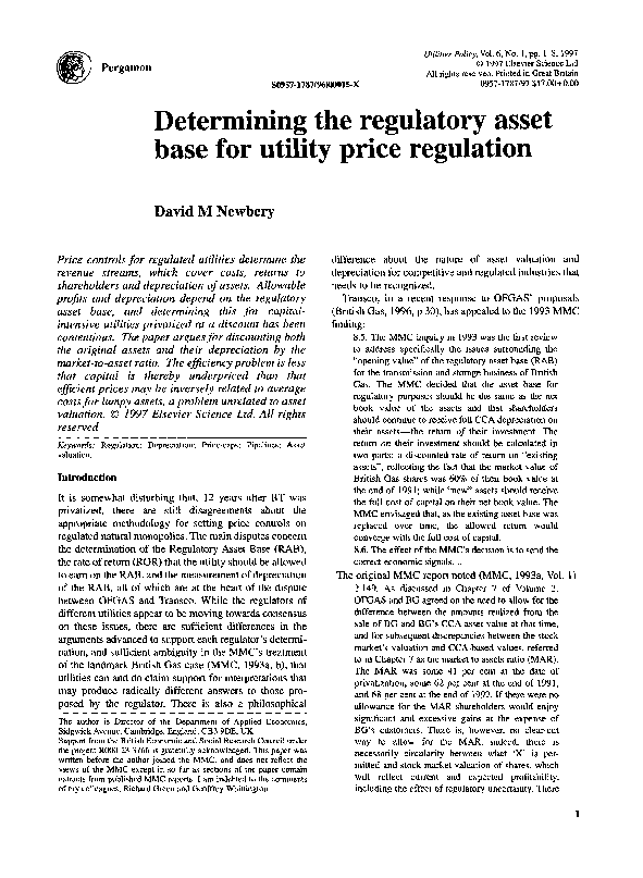 (PDF) Determining the regulatory asset base for utility price regulation