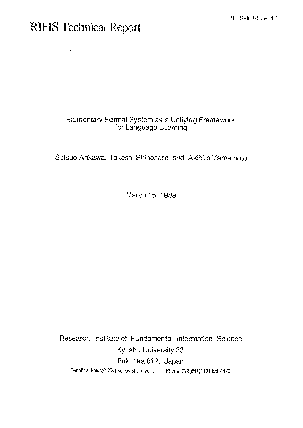 Pdf Elementary Formal System As A Unifying Framework For Language Learning
