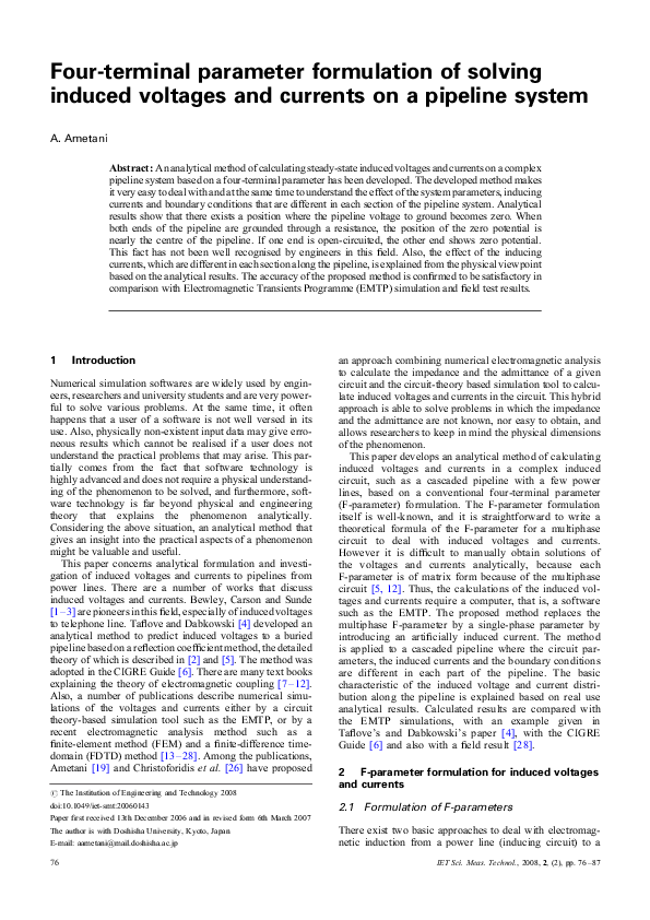 Pdf Four Terminal Parameter Formulation Of Solving Induced Voltages