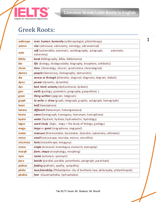(PDF) Common Greek Latin Roots in English