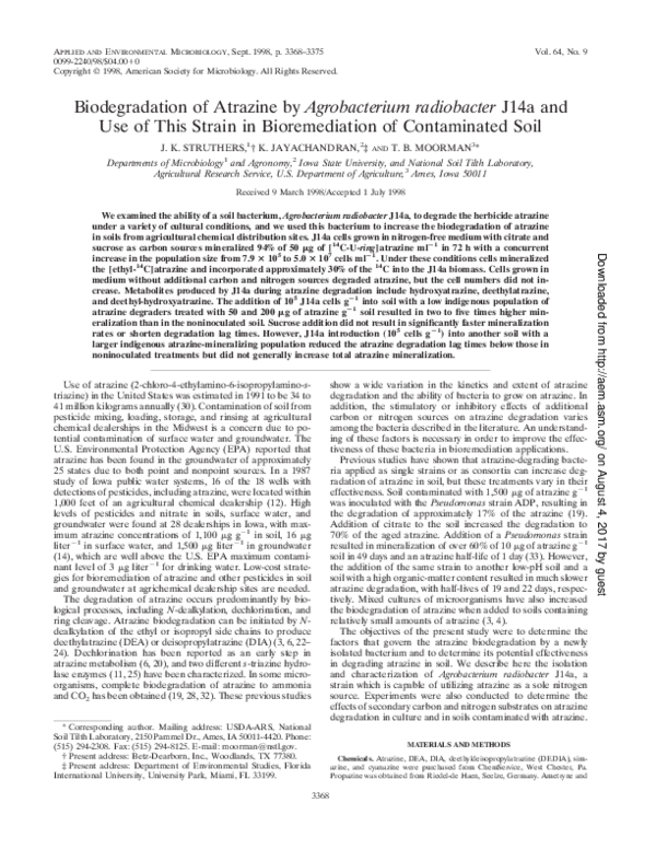 (PDF) Biodegradation of Atrazine by Agrobacterium radiobacter J14a and Use of This Strain in ...