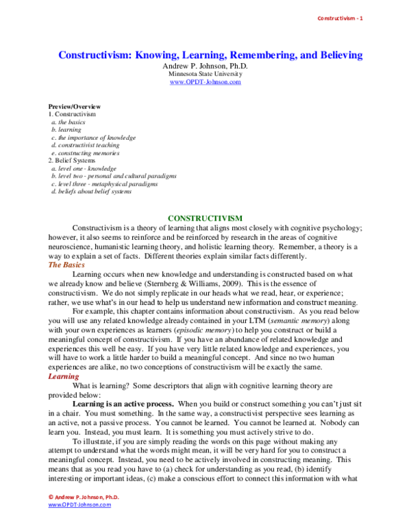 (PDF) CONSTRUCTIVISM: KNOWING, LEARNING, REMEMBERING, AND BELIEVING