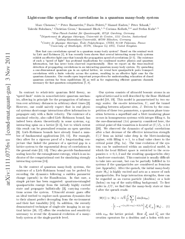 Pdf Light Cone Like Spreading Of Correlations In A Quantum Many Body System