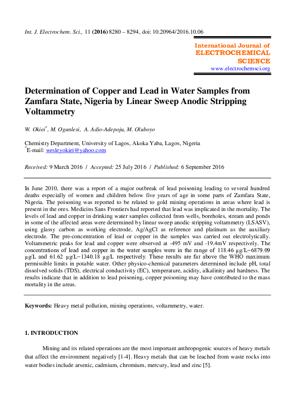 Pdf Determination Of Copper And Lead In Water Samples From Zamfara