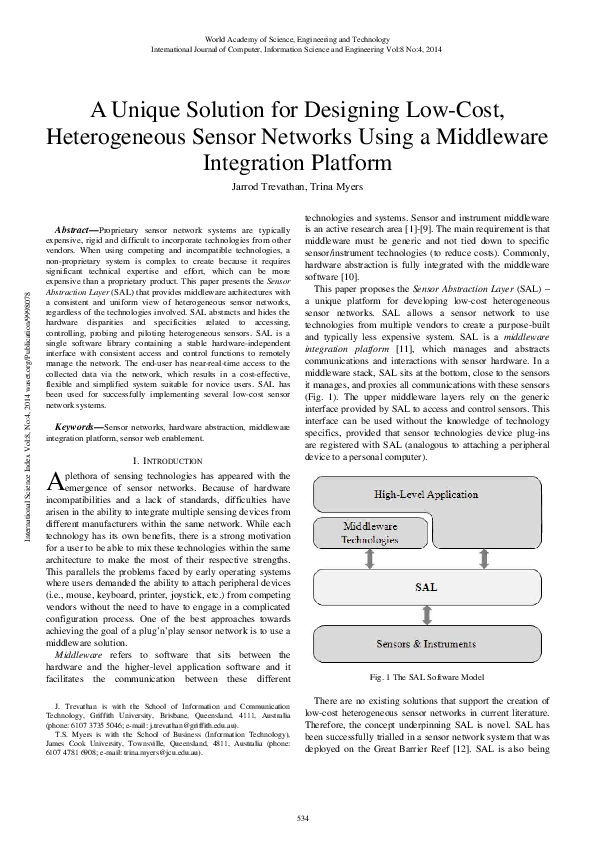 (PDF) A Unique Solution for Designing Low-Cost, Heterogeneous Sensor Networks Using a Middleware ...