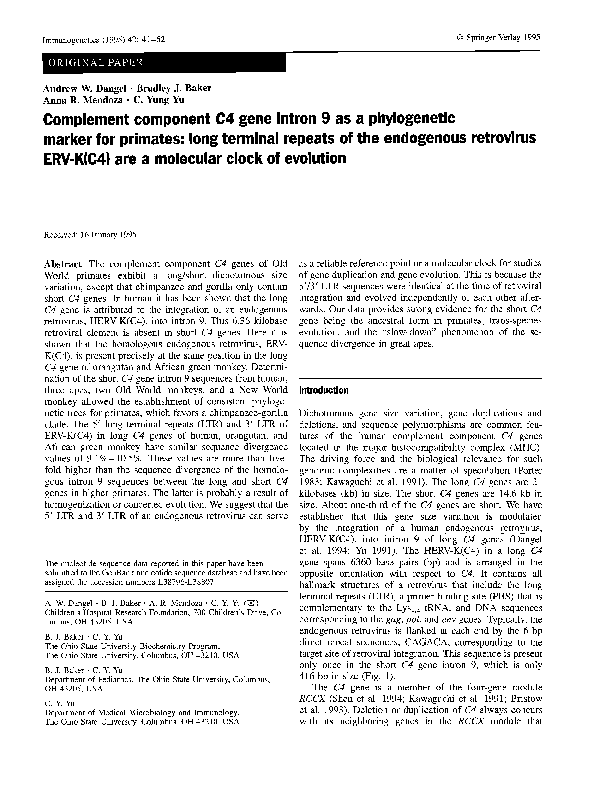 (PDF) Complement component C4 gene intron 9 as a phylogenetic marker ...