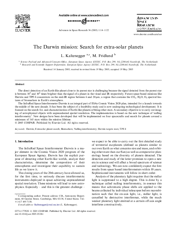 (PDF) The Darwin mission: Search for extra-solar planets