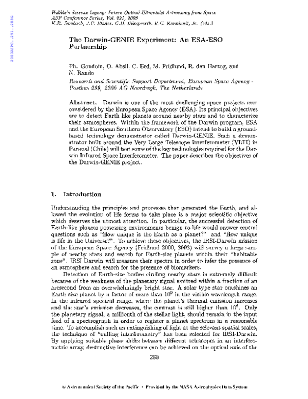 (PDF) The Darwin-GENIE Experiment: An ESA-ESO Partnership | Malcolm ...