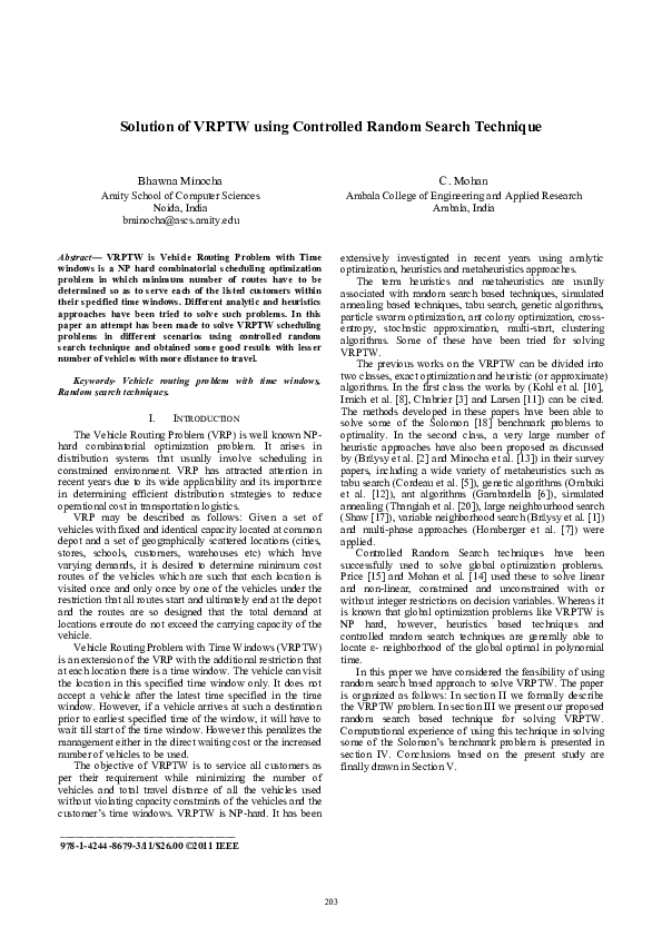 Pdf Solution Of Vrptw Using Controlled Random Search Technique