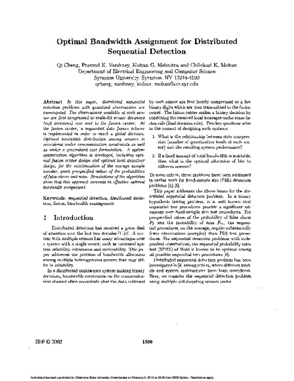 (PDF) Optimal bandwidth assignment for distributed sequential detection