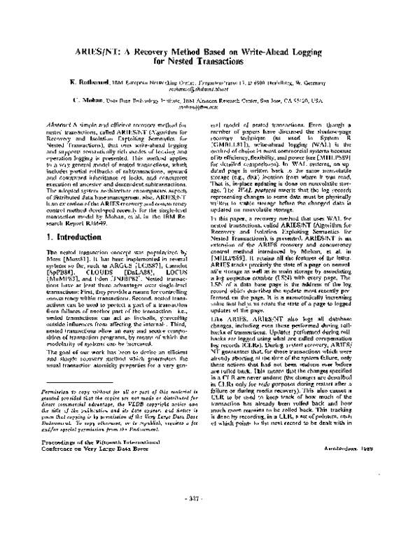 Pdf Ariesnt A Recovery Method Based On Write Ahead Logging For Nested Transactions