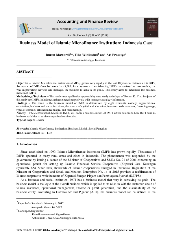 (PDF) Business Model of Islamic Microfinance Institution: Indonesia Case