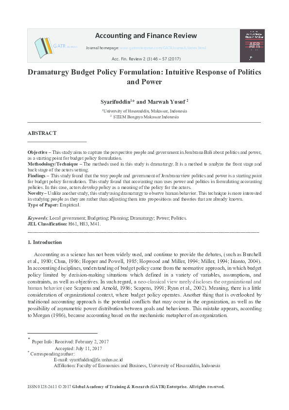 (PDF) Dramaturgy Budget Policy Formulation: Intuitive Response of ...