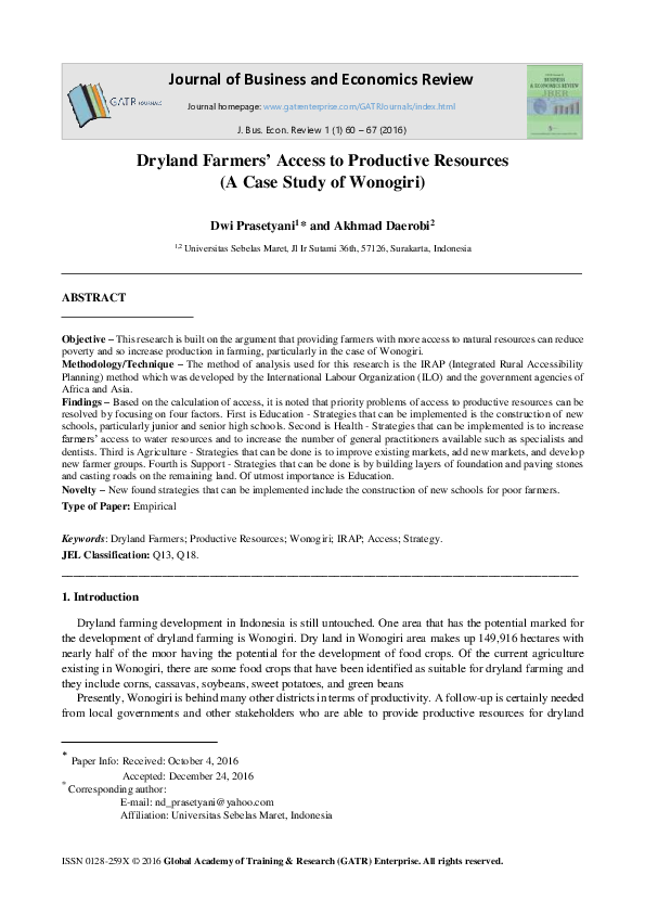 (PDF) Dryland Farmers' Access to Productive Resources (A Case Study of ...