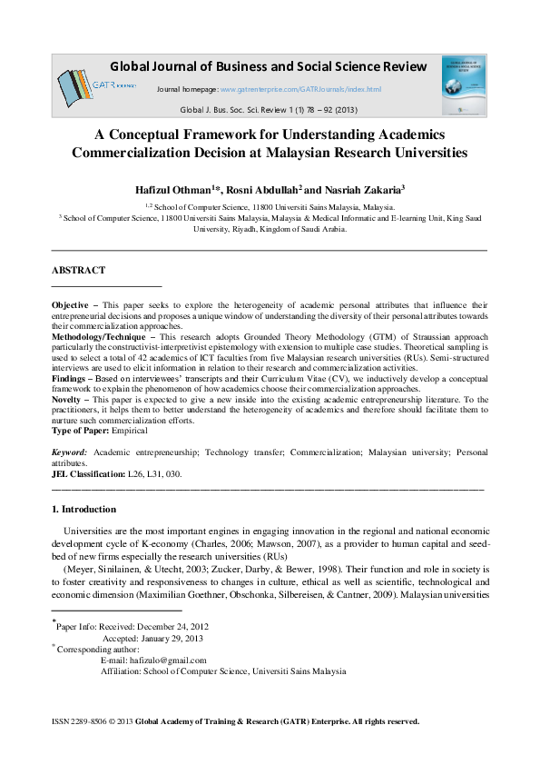 (PDF) A Conceptual Framework for Understanding Academics Commercialization Decision at Malaysian ...