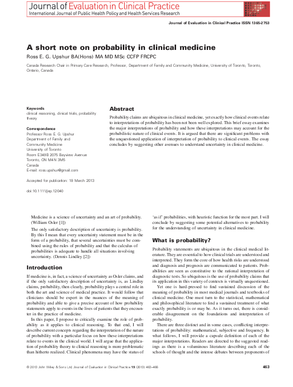 (PDF) A short note on probability in clinical medicine