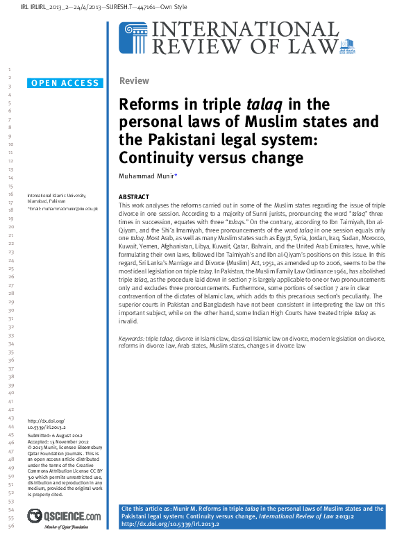 (PDF) O P E N A C C E S S Review Reforms in triple talaq in the ...