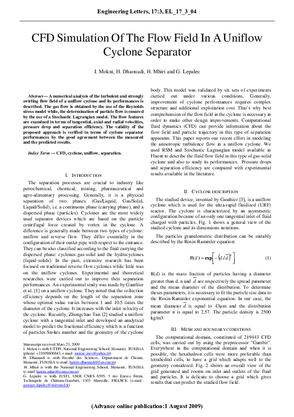 (PDF) CFD Simulation Of The Flow Field In A Uniflow Cyclone Separator