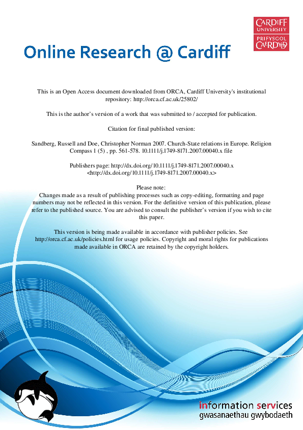 (PDF) Church-State relations in Europe (2007) Religion Compass 1 (5 ...