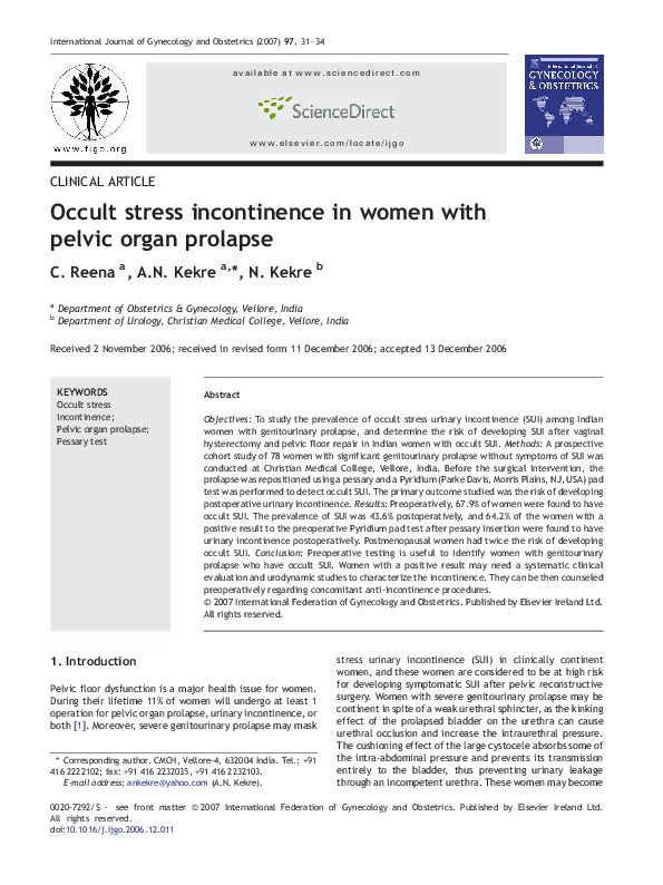 (PDF) Occult stress incontinence in women with pelvic organ prolapse